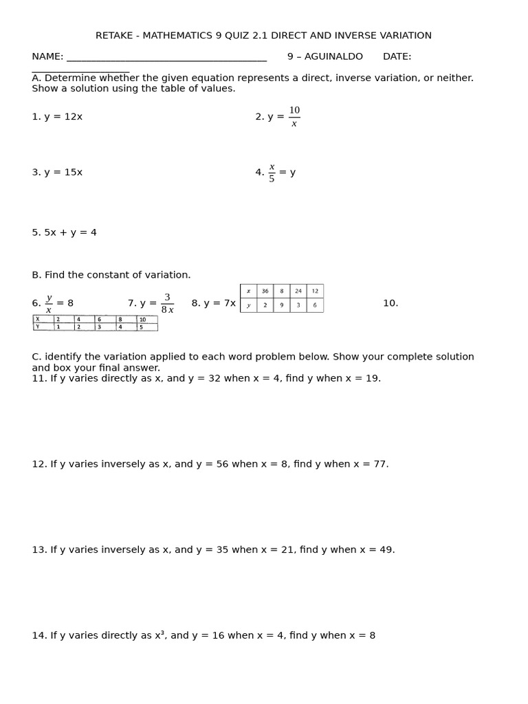 Math 9 Quiz: Direct & Inverse Variation | PDF