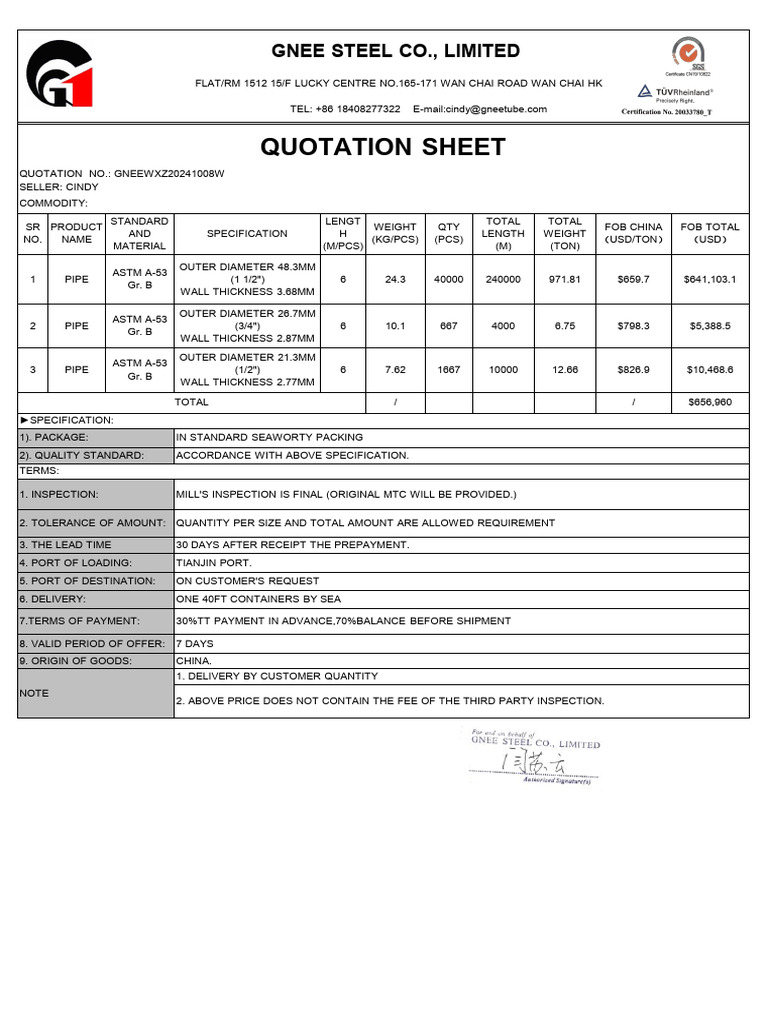 Nungwon Metal Pipe Quotation Details | PDF