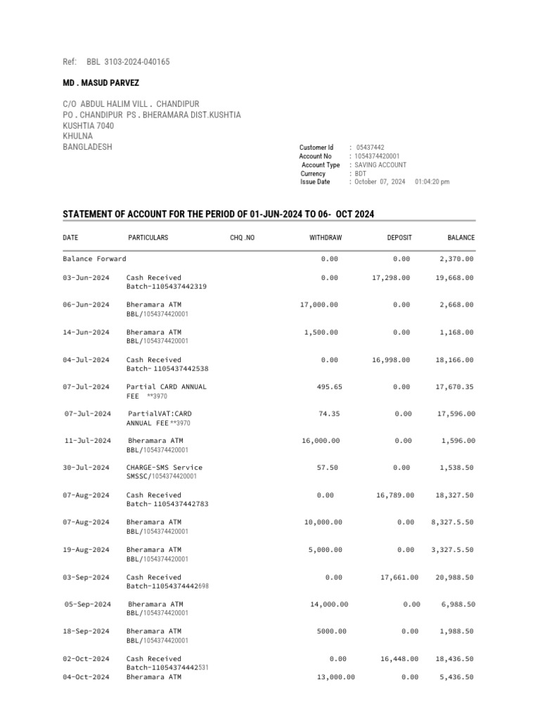 BRAC Bank Slalary Statement | PDF | Automated Teller Machine | Economies