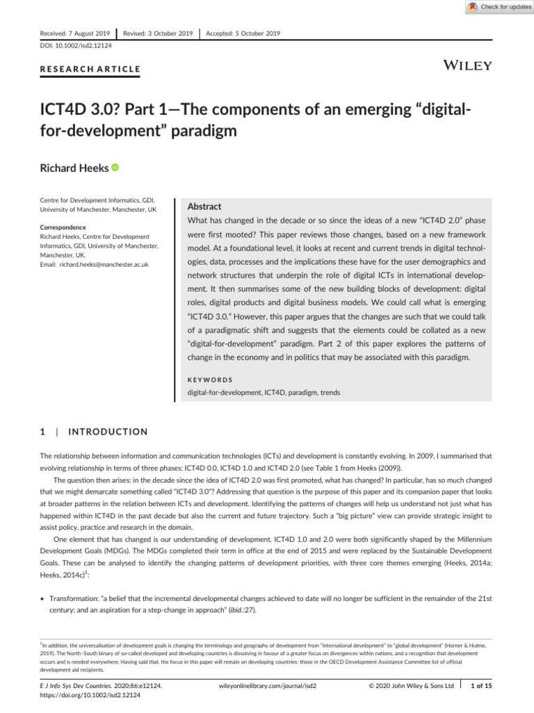 E J Info Sys Dev Countries 2020 Heeks Ict4d 3 0 Part 1 The Components Of An Emerging