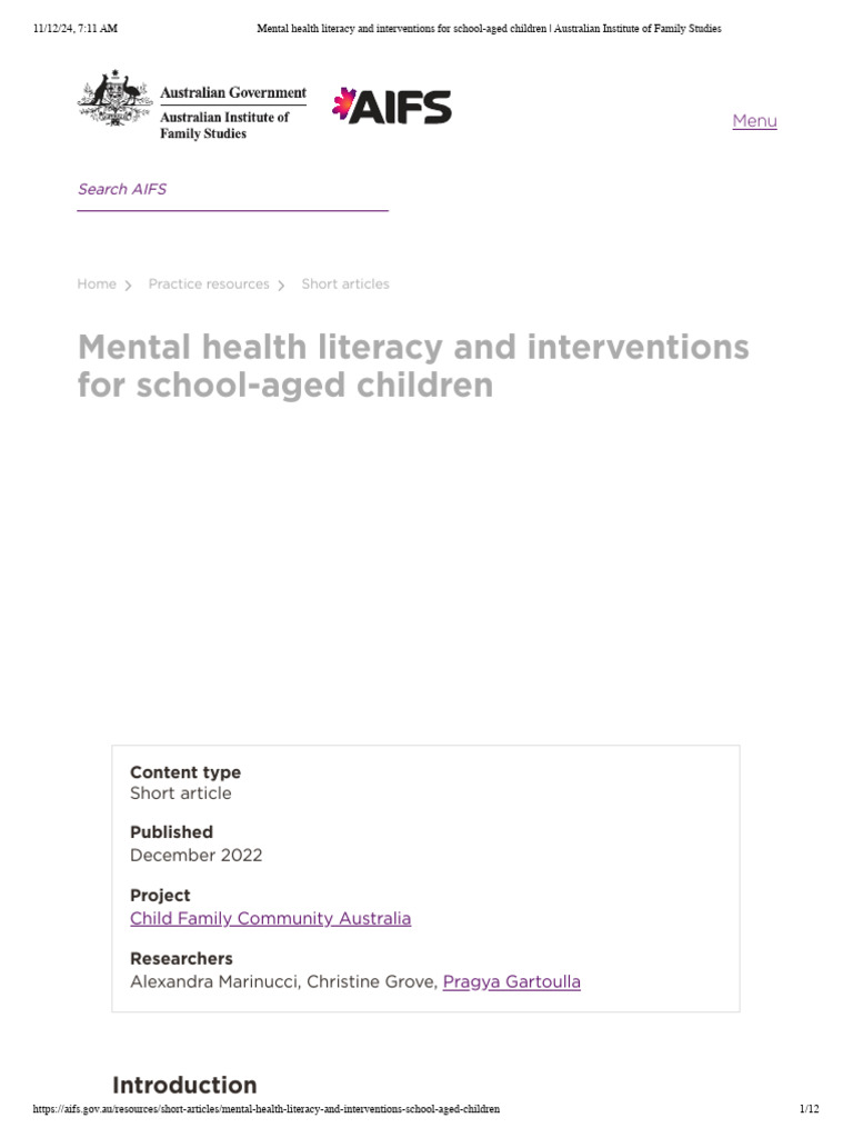 Mental health literacy and interventions for school-aged children ...