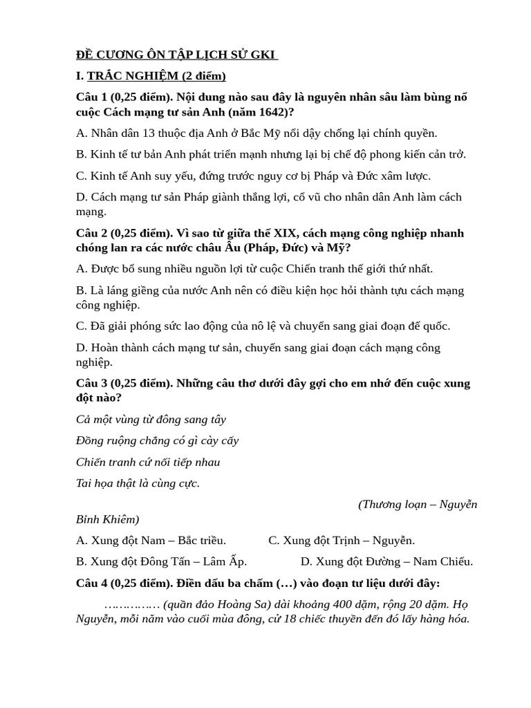 ĐỀ CƯƠNG ÔN TẬP LỊCH SỬ GKI | PDF