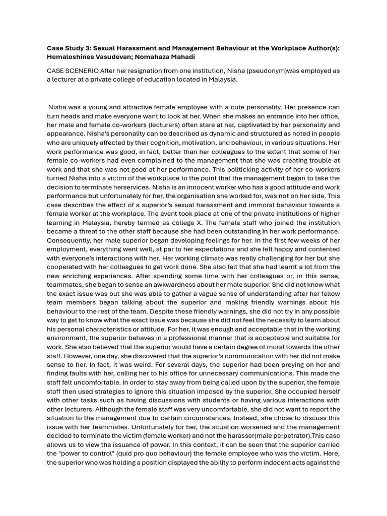 Nisha's Case: Workplace Sexual Harassment | PDF | Sexual Harassment ...