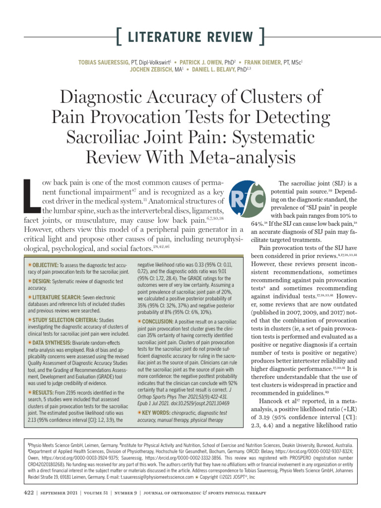 Saueressig Et Al 2021 Diagnostic Accuracy of Clusters of Pain ...