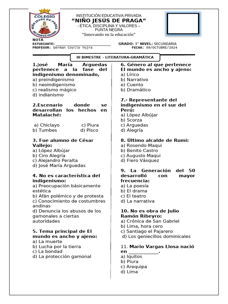 Examen de LITERATURA 3RO OCTUBRE-24 | PDF