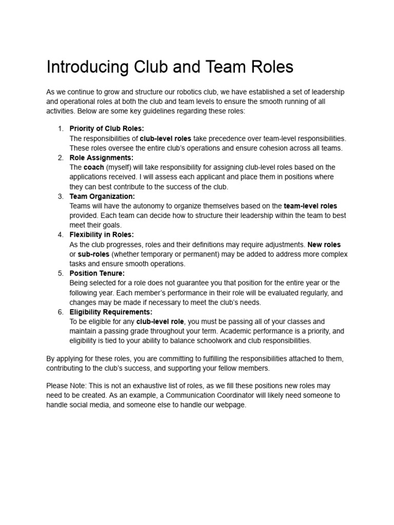 Summary of Club and Team Roles | PDF | Leadership | Mentorship