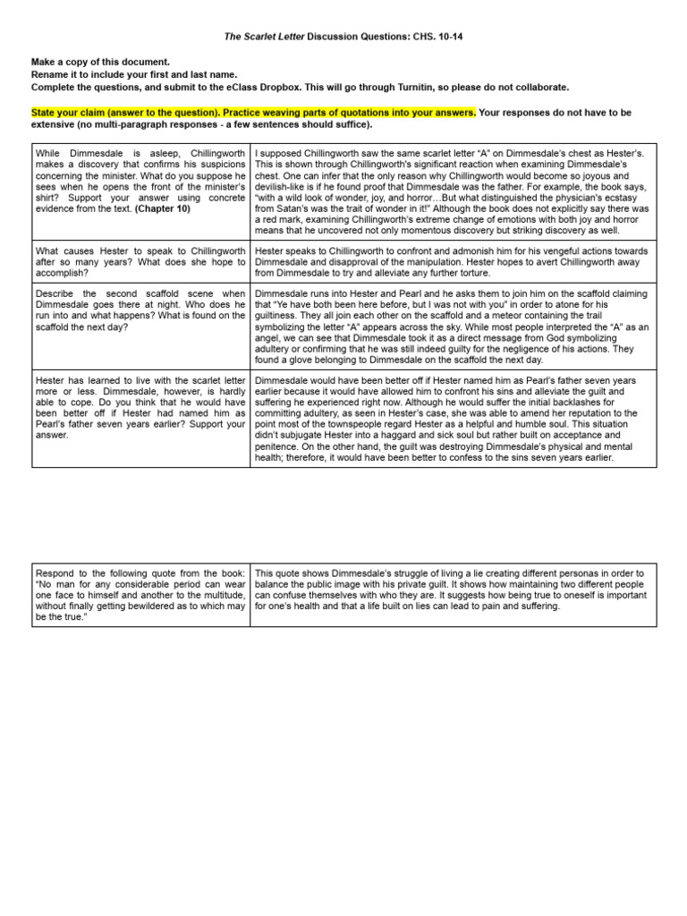 Scarlet Letter Discussion Questions 10-14 | PDF