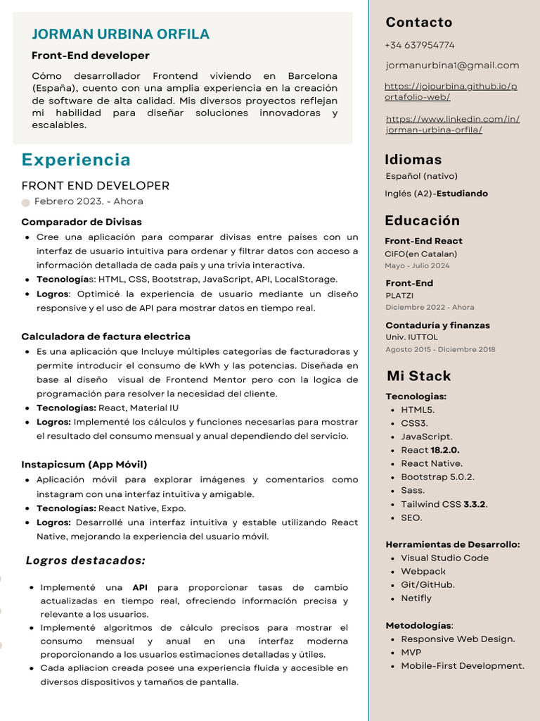 CV - Jorman Urbina | PDF | Bootstrap (marco frontal) | Aplicación movil