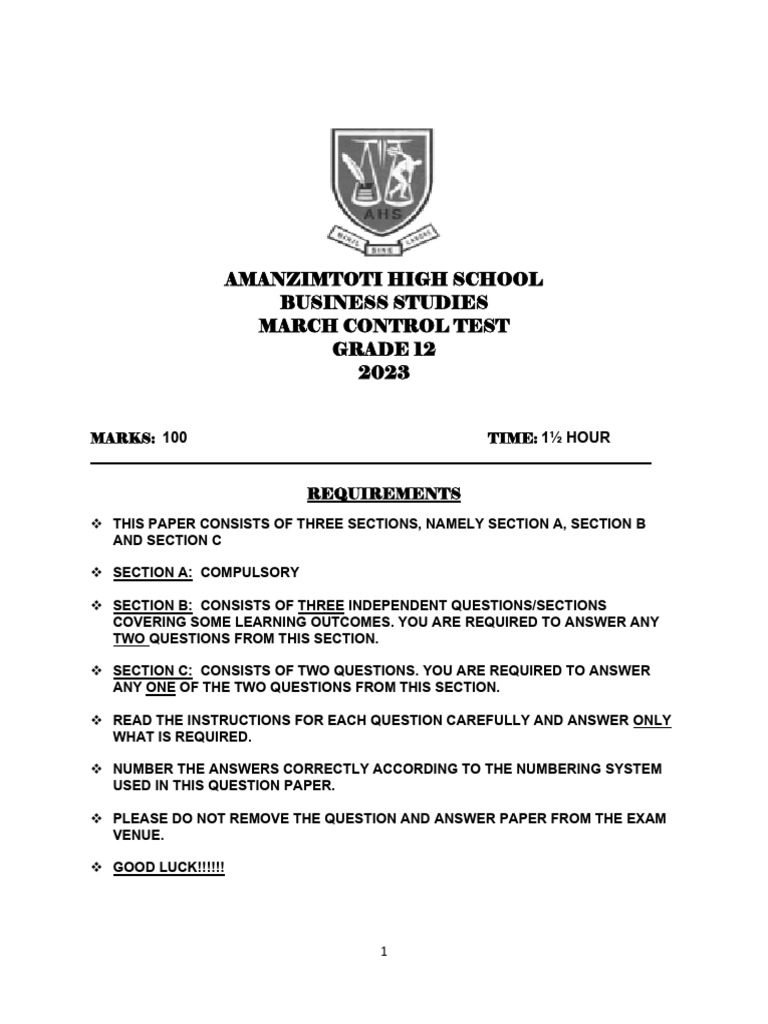 Amanzimtoti High School Business Studies March Control Test Grade 12 ...