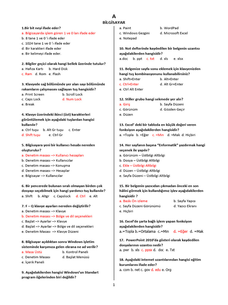 Bilgisayar: A. Topla B. Ortalama C. Min D. Mak | PDF