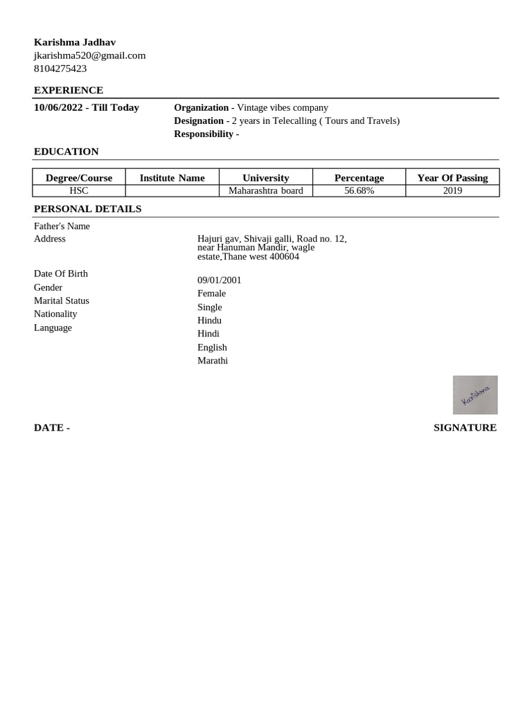 Karishma Jadhav - Telecalling Resume | PDF