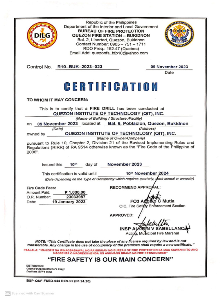 Certificate of Fire Drill | PDF