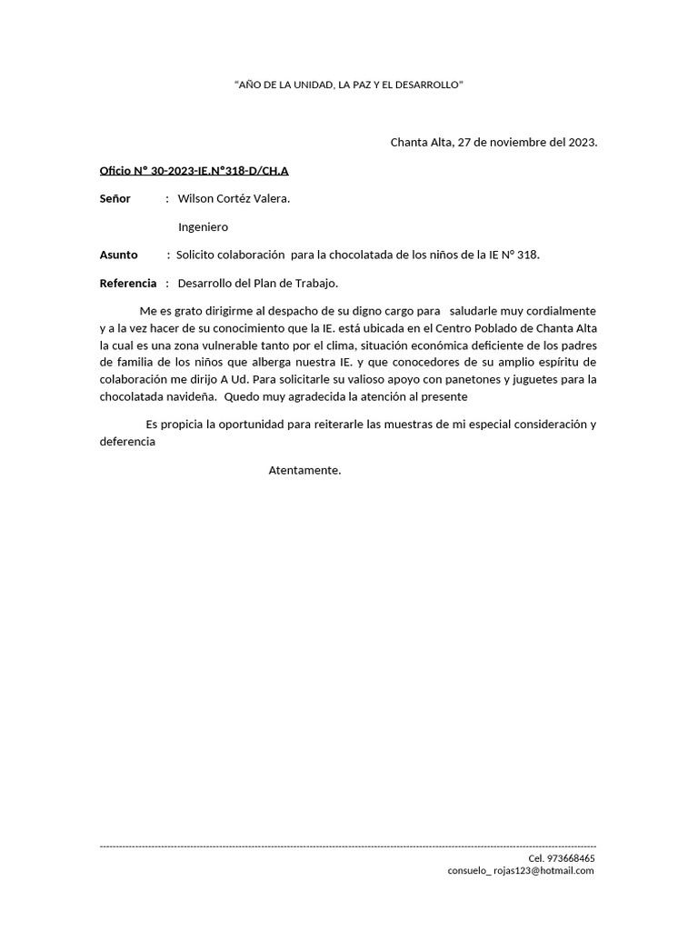 Of. Solicito Apoyo para La Chocolatada | PDF
