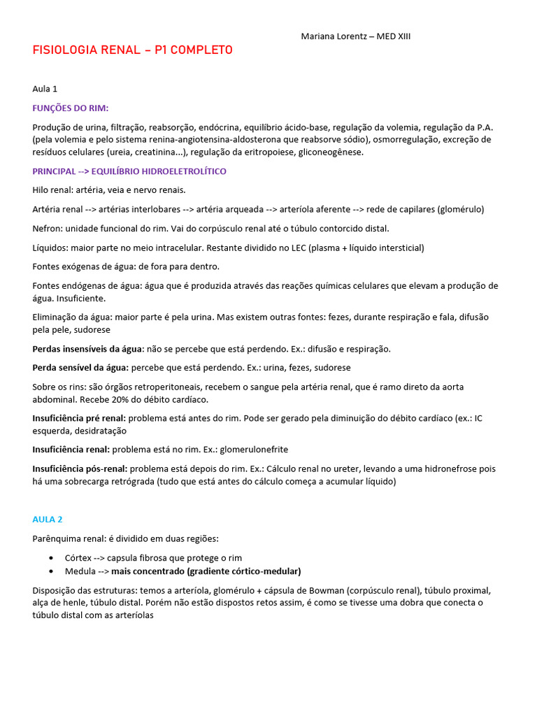 Fisio 2 P1 - Renal Completo | PDF | Rim | Endotélio