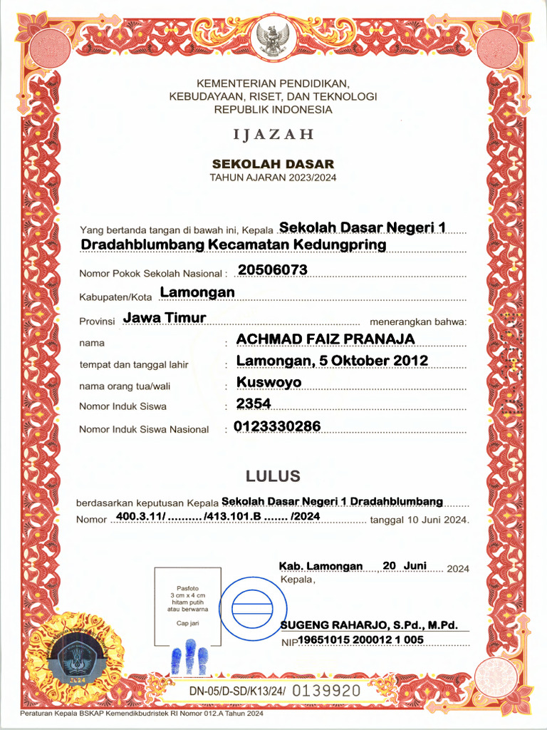 Ijazah SD Tahun Ajaran 2023/2024 | PDF