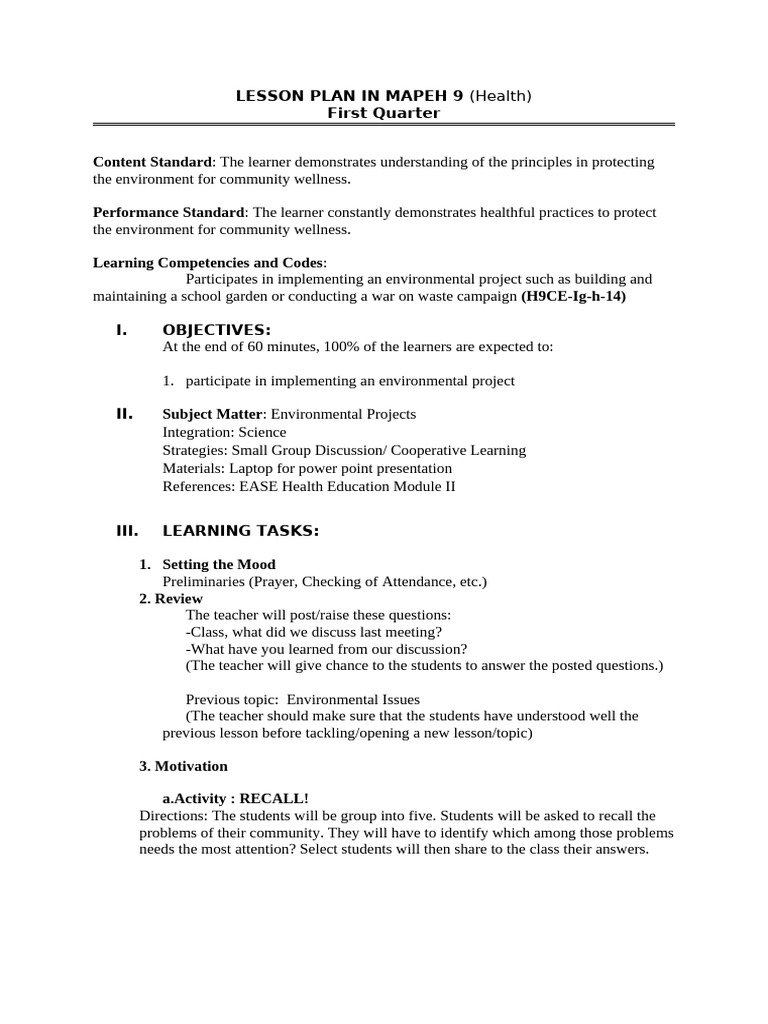 MAPEH 9: Environmental Projects | PDF | Learning | Teachers