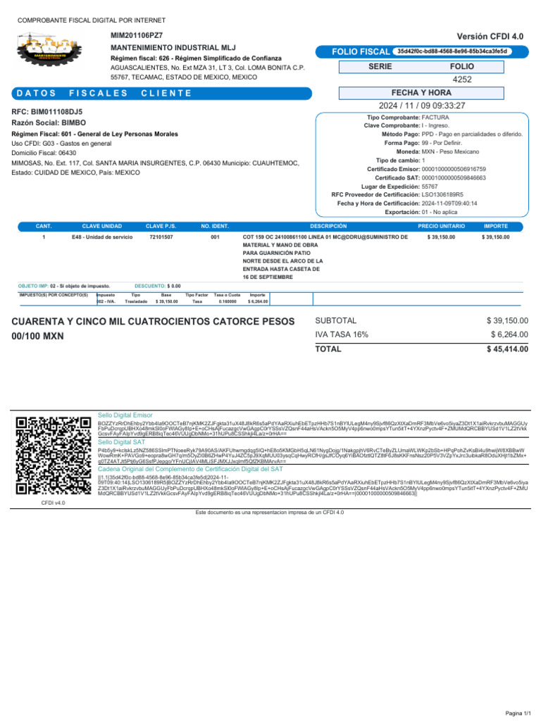 Folio Fiscal: Cuarenta Y Cinco Mil Cuatrocientos Catorce Pesos 00/100 ...