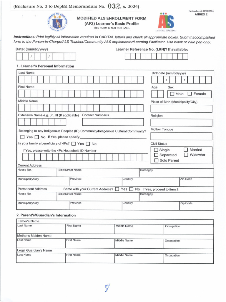 Als Enrollment Form 2024-2025 | PDF