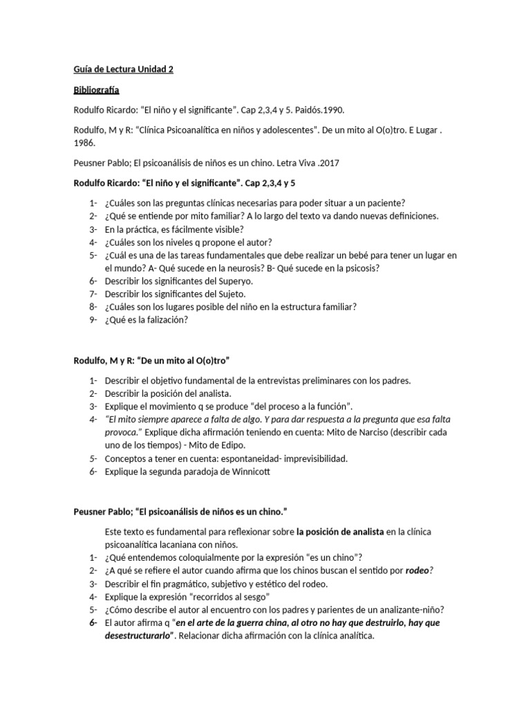 Guía de Lectura 2 Unidad 2 | PDF | Psicoanálisis | Jacques Lacan