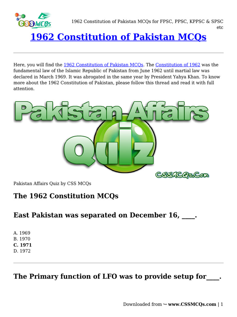 1962 Pakistan Constitution MCQs | PDF | Justice | Crime & Violence