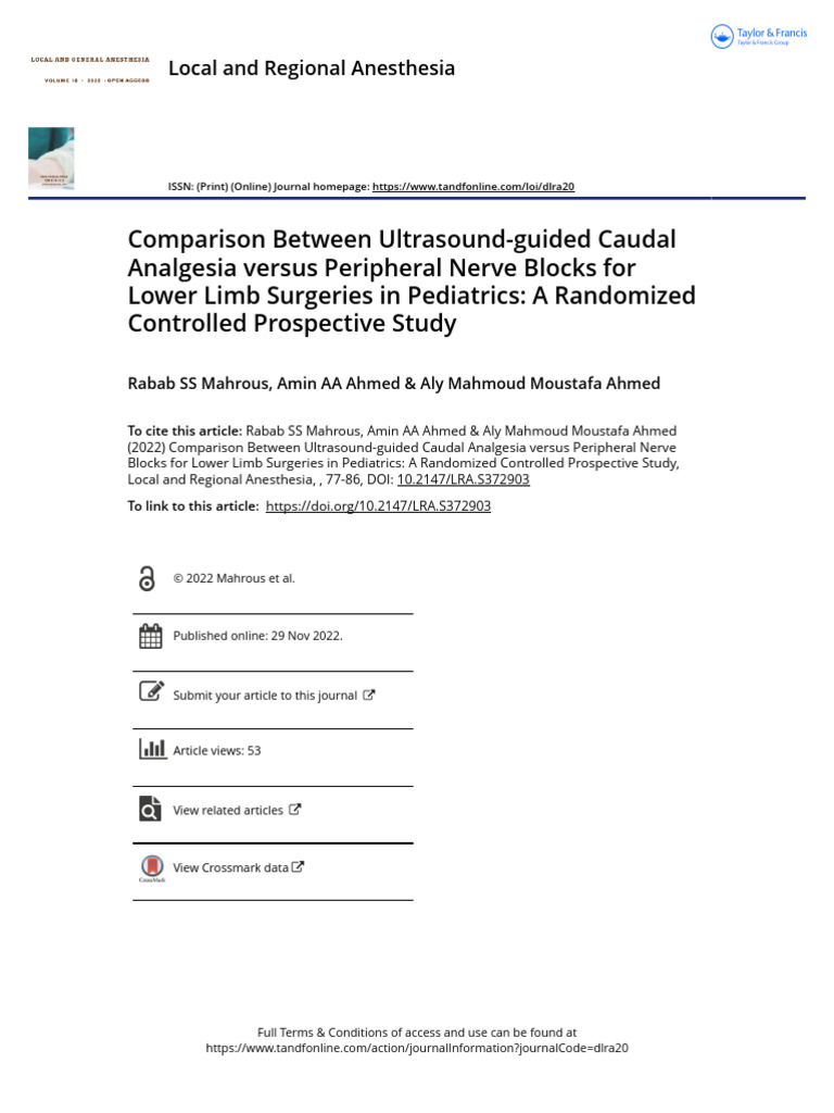 Comparison Between Ultrasound Guided Caudal Analgesia Versus Peripheral Nerve Blocks For Lower ...