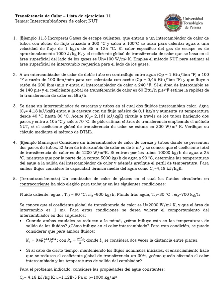 Lista de Ejercicios 11 - Intercambiadores - NUT | PDF | Intercambiador ...