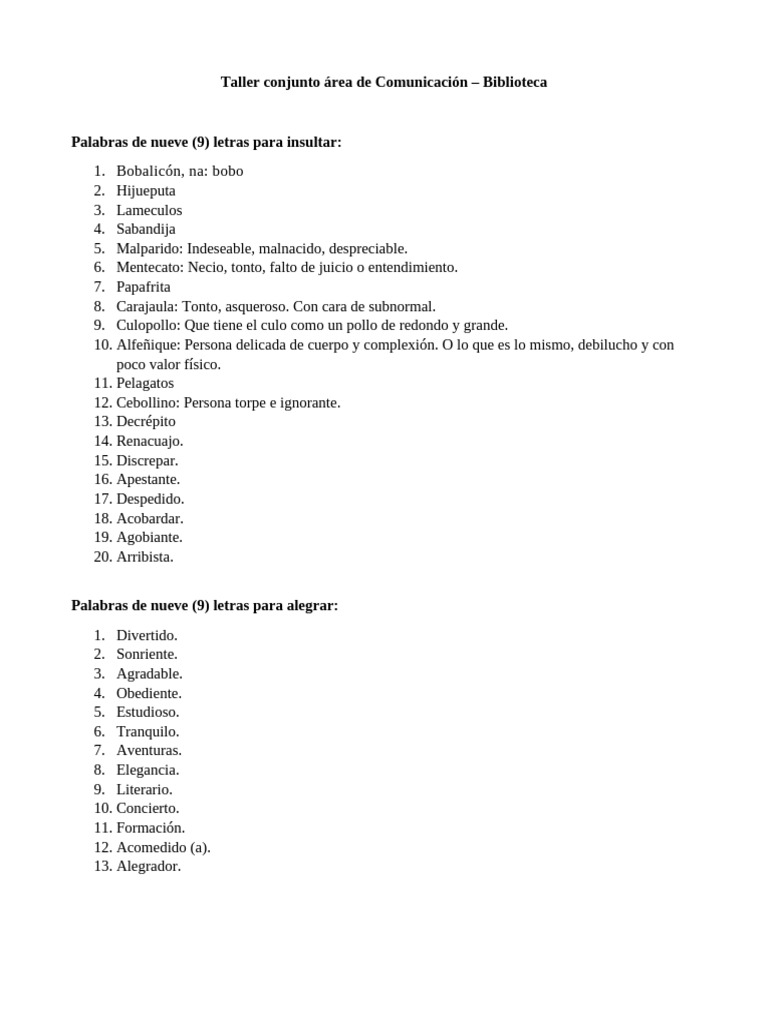 Palabras para Taller Lectura - Biblioteca | PDF | Artes del Lenguaje y ...