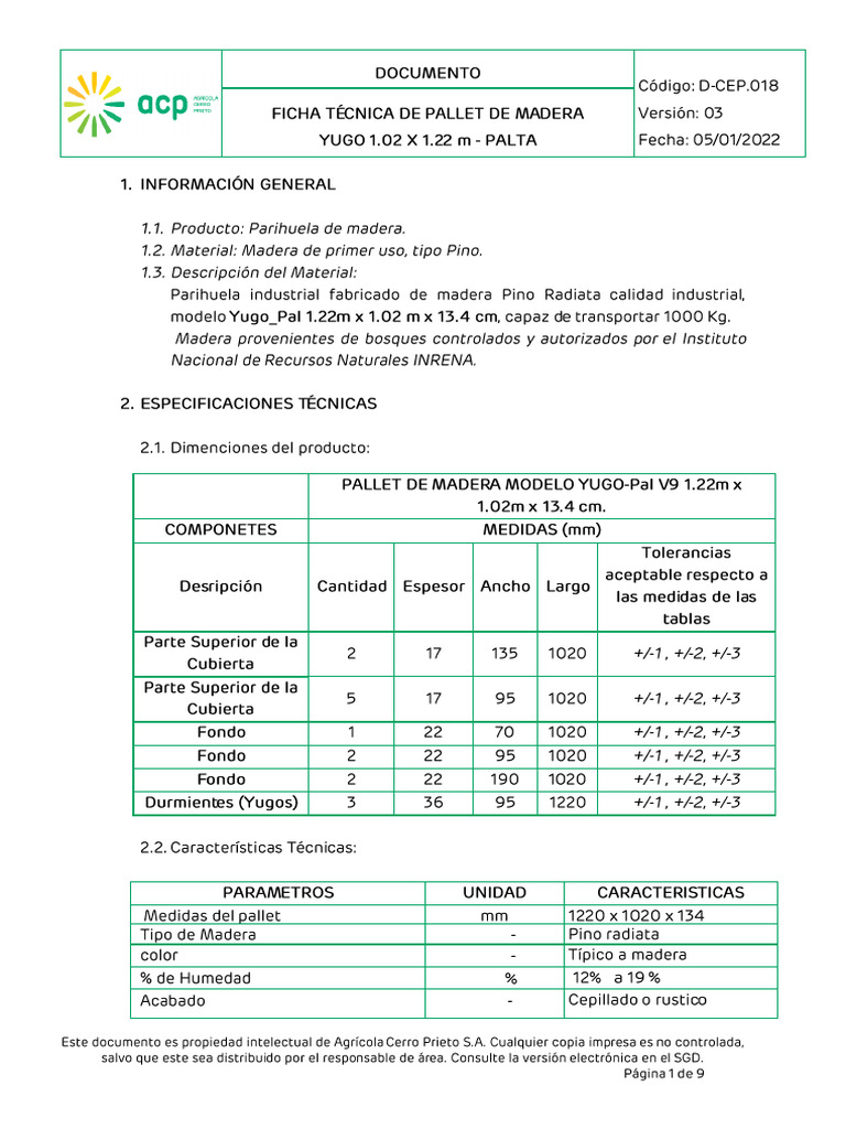 D-CEP.018 FICHA TÉCNICA PALLET DE MADERA YUGO - PALTA 1.02 X 1.22 M - V3 | PDF