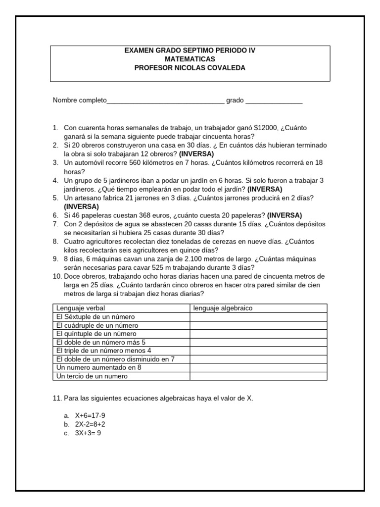 EXAMEN GRADO SEPTIMO PERIODO IV-4 NOV | PDF