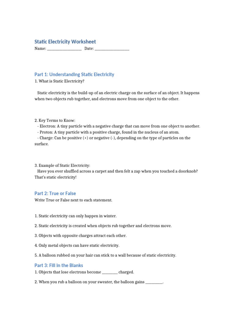 Static Electricity Worksheet Grade5-1 | PDF | Science & Mathematics