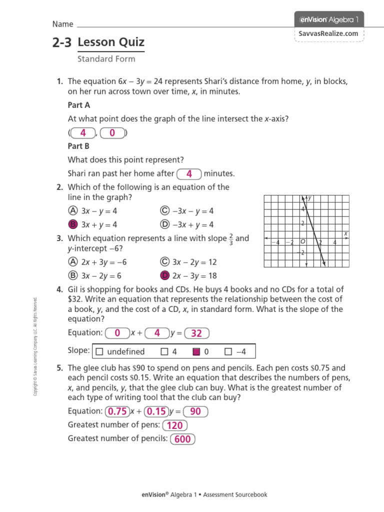 Answer Key - 2-3 - Lesson Quiz | PDF | Mathematics | Algebra