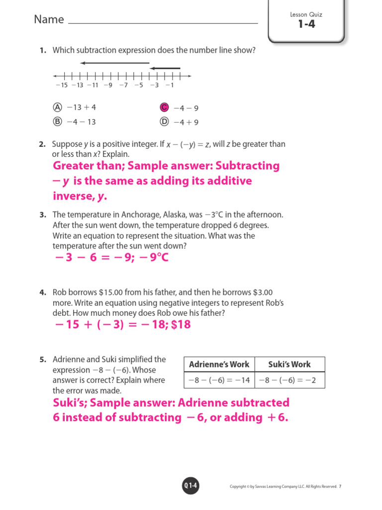 1-4 - Lesson Quiz - Answer Key | PDF