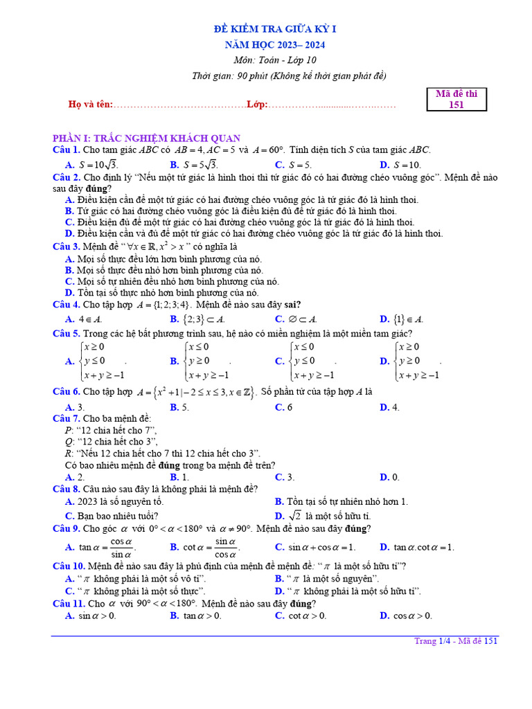 De Thi Giua Hoc Ki 1 Hk1 Lop 10 Mon Toan Nam 2023 2024 Truong THPT Chuyen Quoc Hoc Hue 7840 | PDF