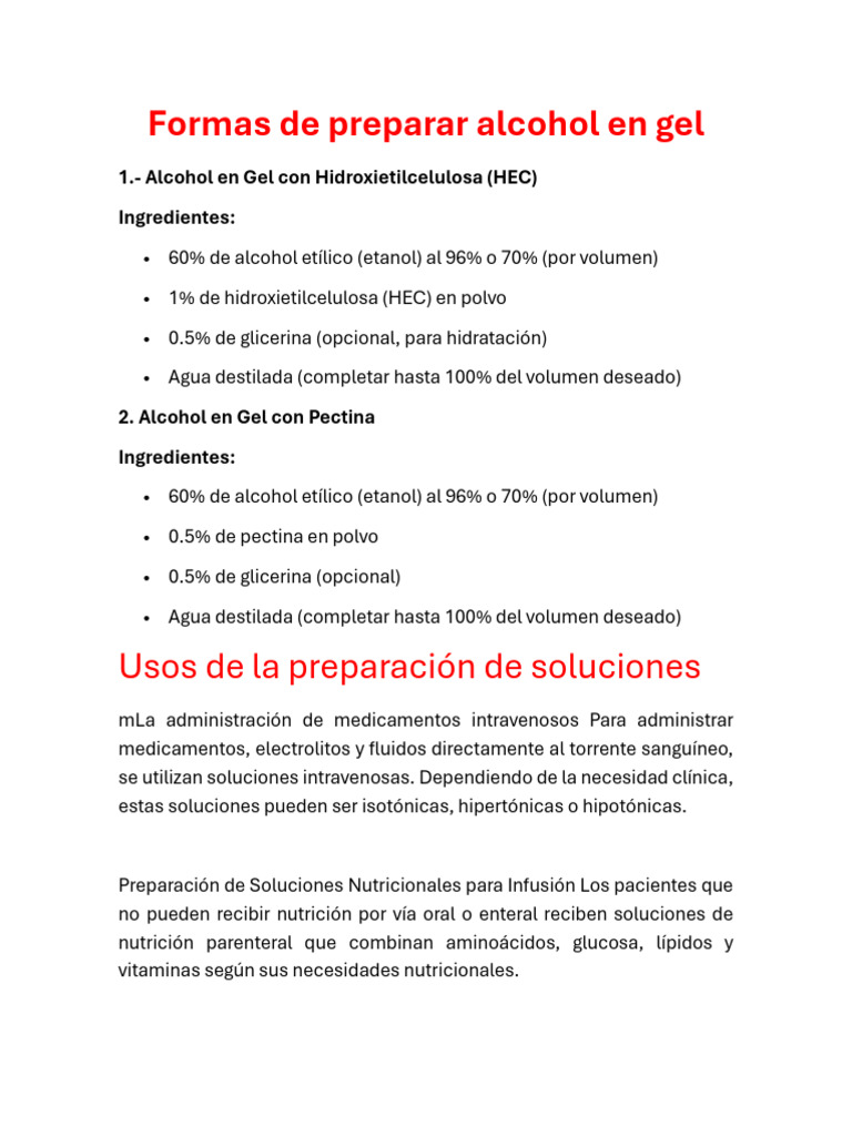 Formas de Preparar Alcohol en Gel: Usos de La Preparación de Soluciones | PDF | Gel | Etanol