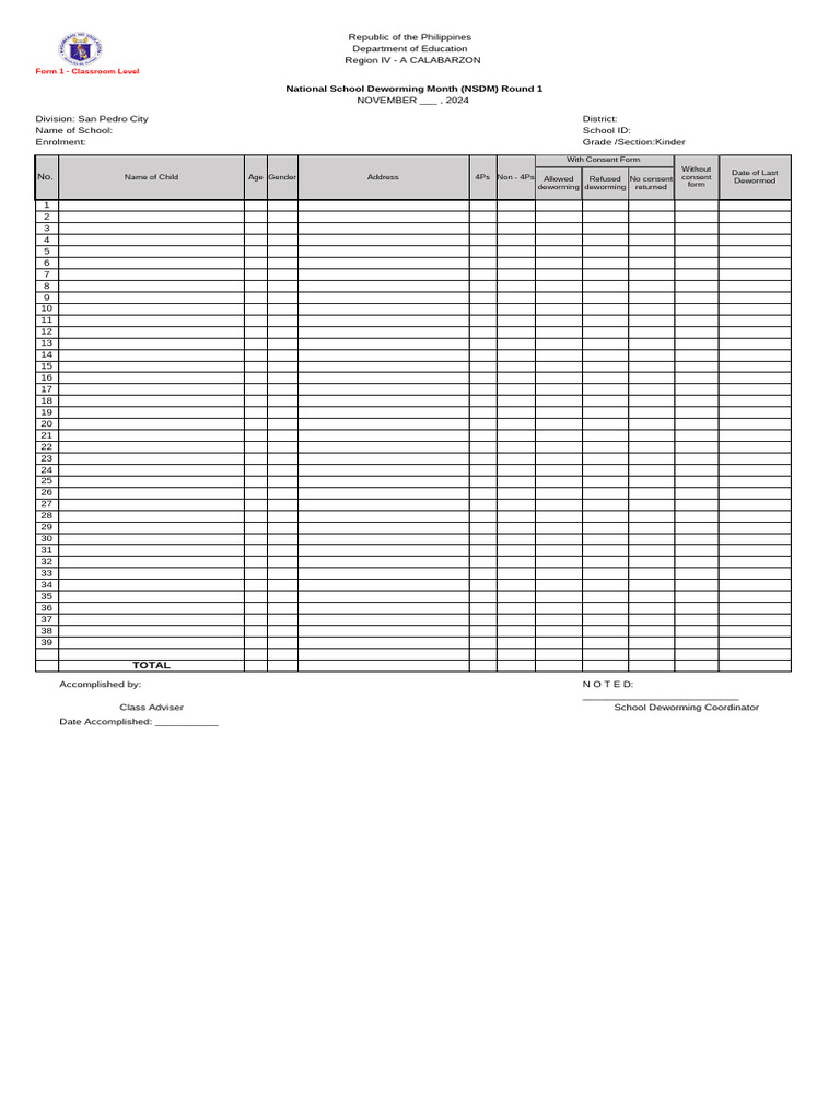Deworming Master List Form | PDF | Philippines | Social Institutions