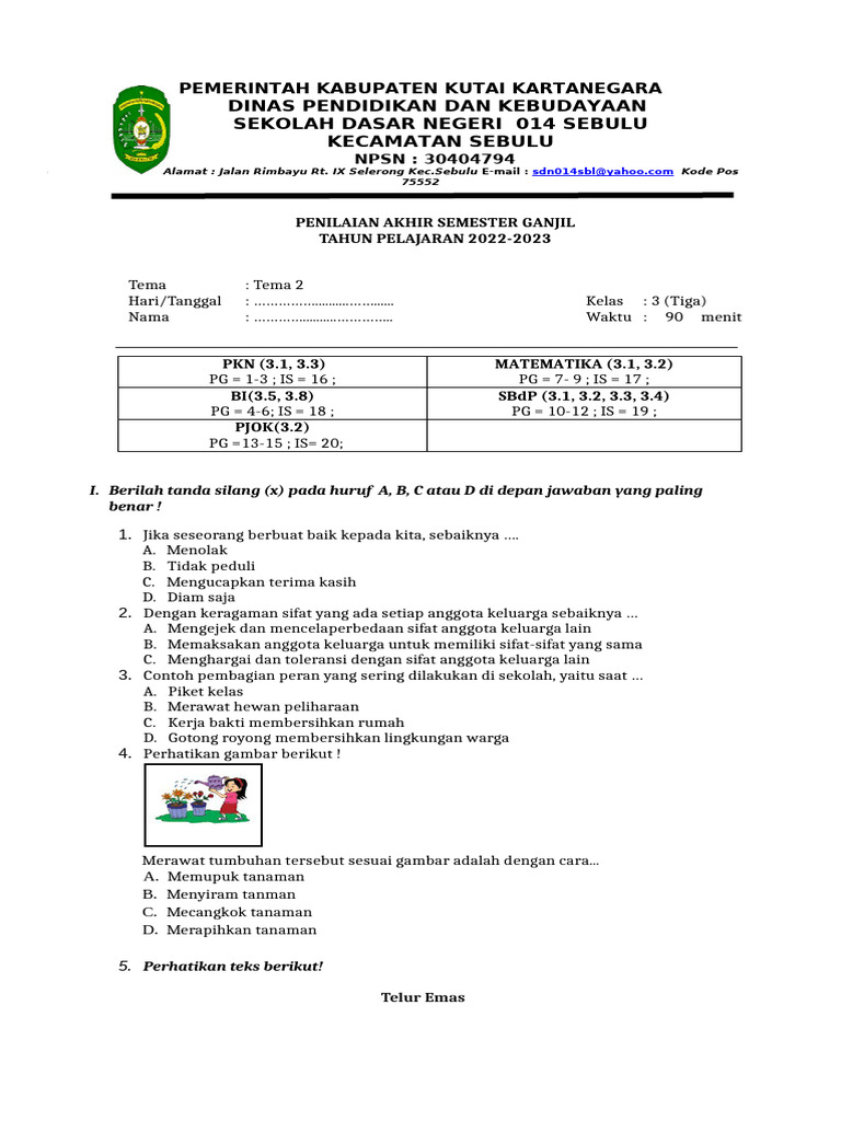 Soal Pas Kelas 3 Tema 2 | PDF