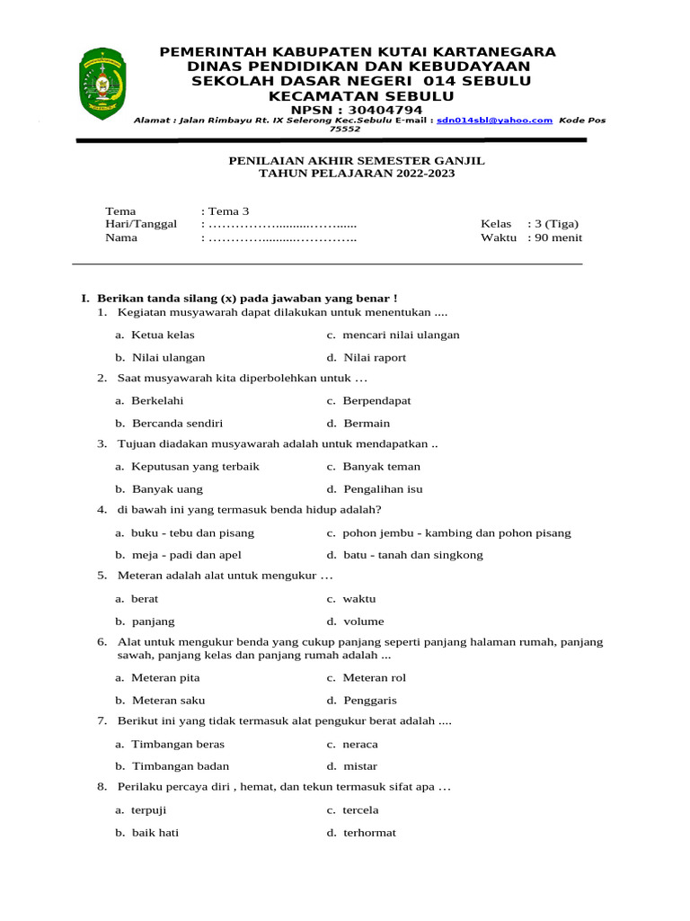 Soal Pas Kelas 3 Tema 3 | PDF