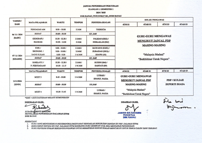 Jadual Peperiksaan Percubaan STPM S1 & U | PDF