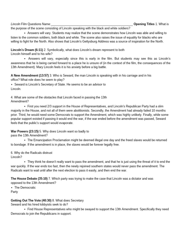 Lincoln Film Questions Answers | PDF | Abraham Lincoln | Thirteenth ...