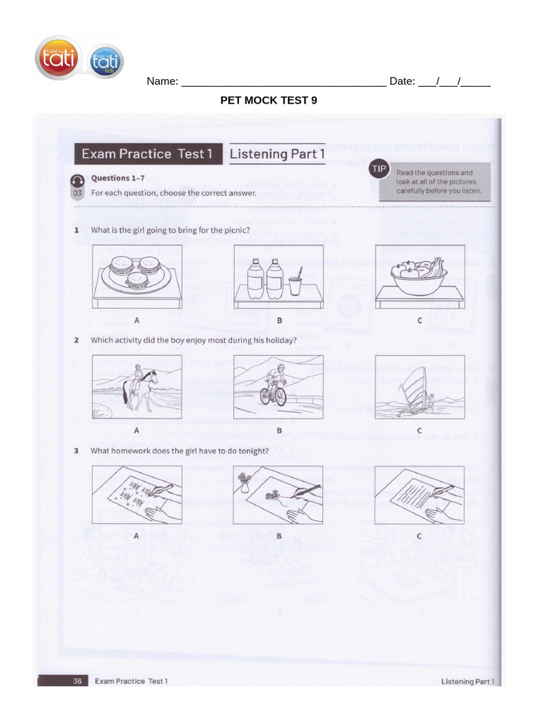 Pet Test 9 - Listening (Without The Training) | PDF