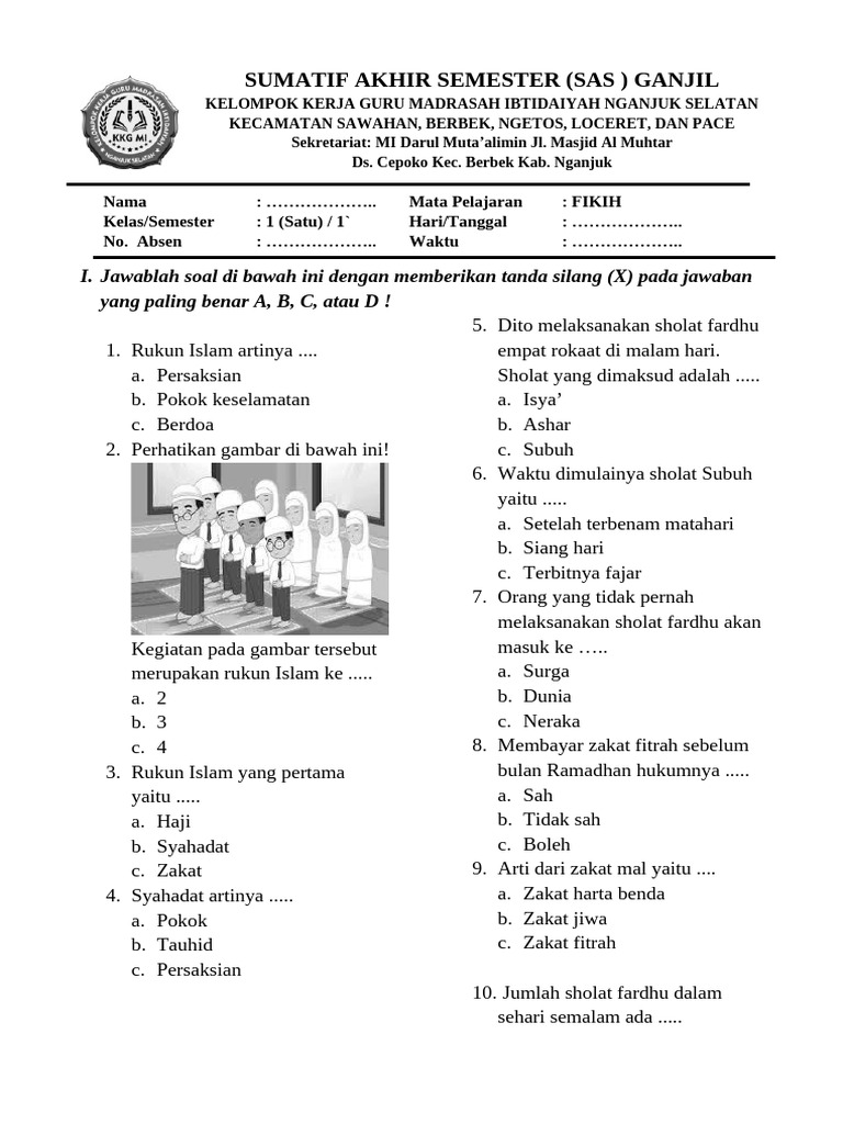 Soal Sas Ganjil Fikih Kelas 1 - 2024 | PDF
