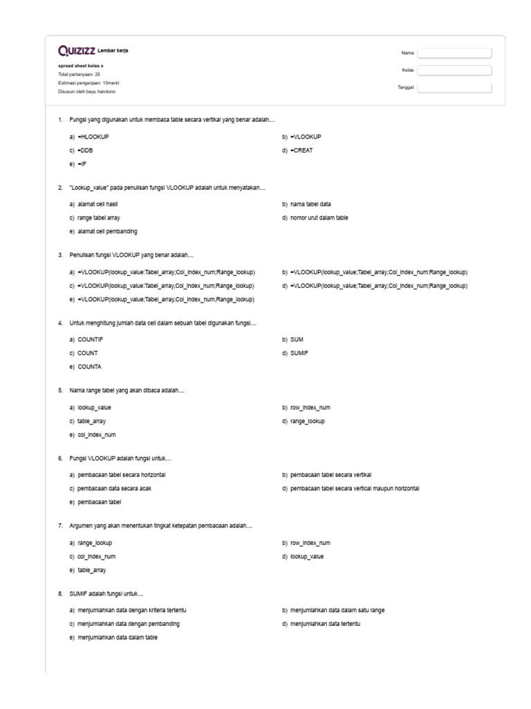Spread Sheet Kelas X - Quizizz | PDF