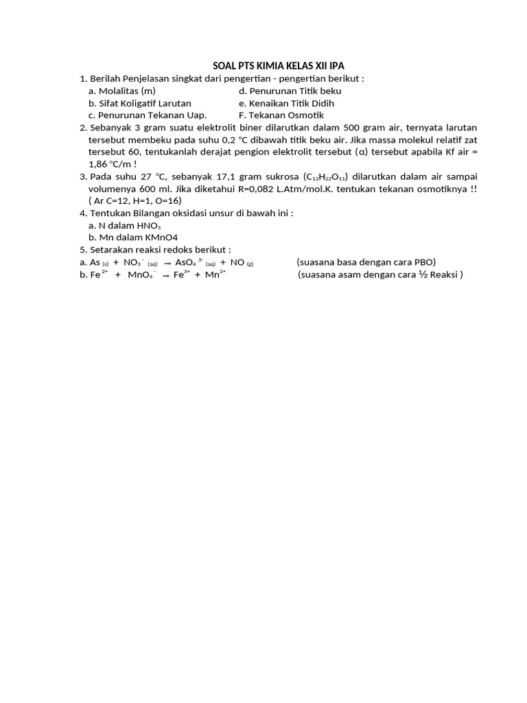 Soal PTS Kimia Kelas Xii Ipa | PDF