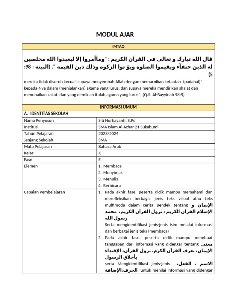 Modul Ajar Bahasa Arab X | PDF