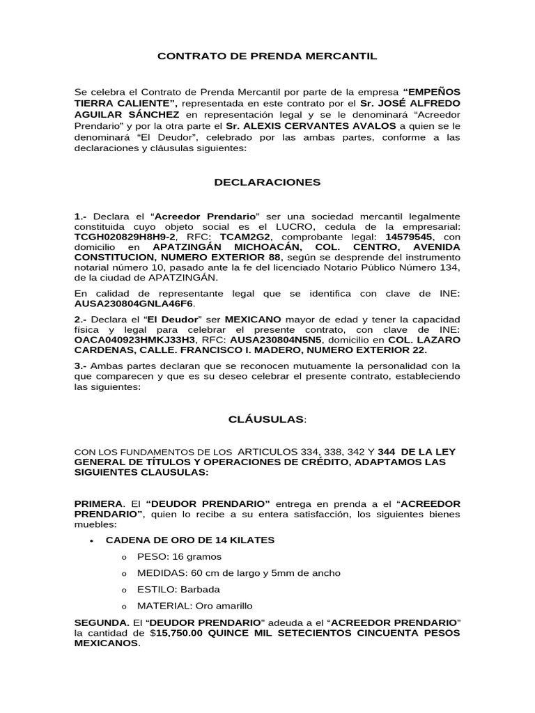 Ejemplo de Contrato de Prenda Mercantil | PDF | Finanzas y dinero | Derecho