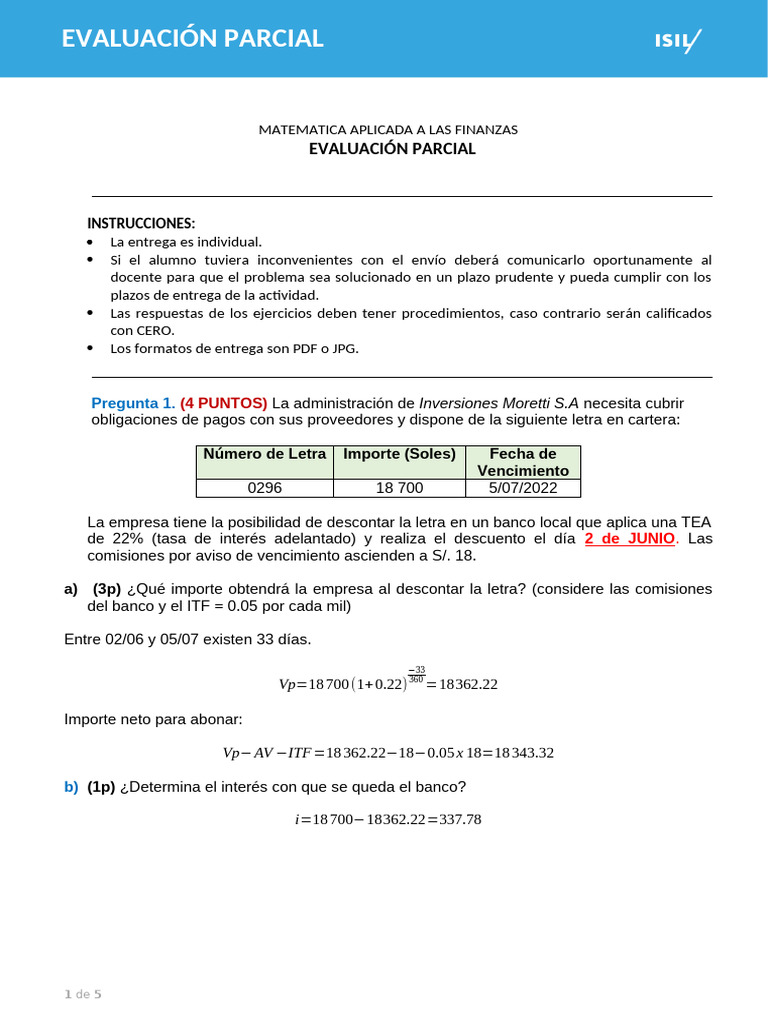EVALUACION PARCIAL_MAT_FIN | PDF | Bancos | Negocios económicos