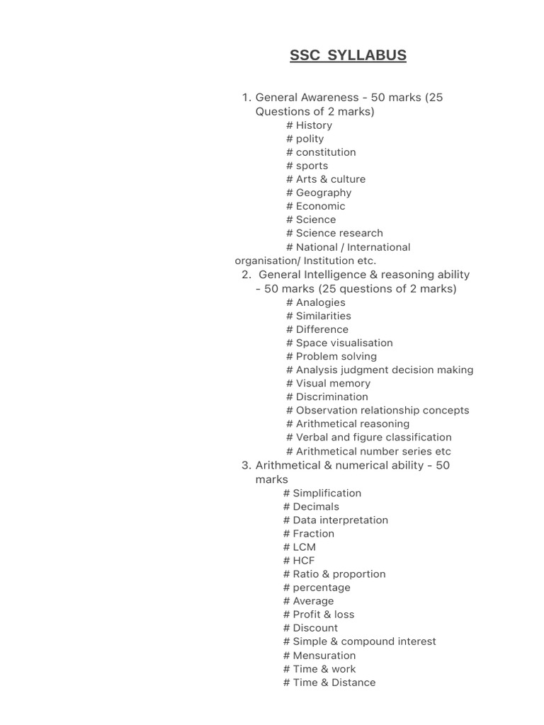 SSC Syllabus: - General Awareness - 50 Marks (25 Questions of 2 Marks ...