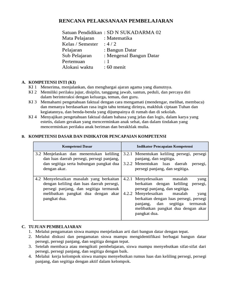 RPP MTK Kelas 4 SM 2 - Bangun Datar (Safitri) | PDF