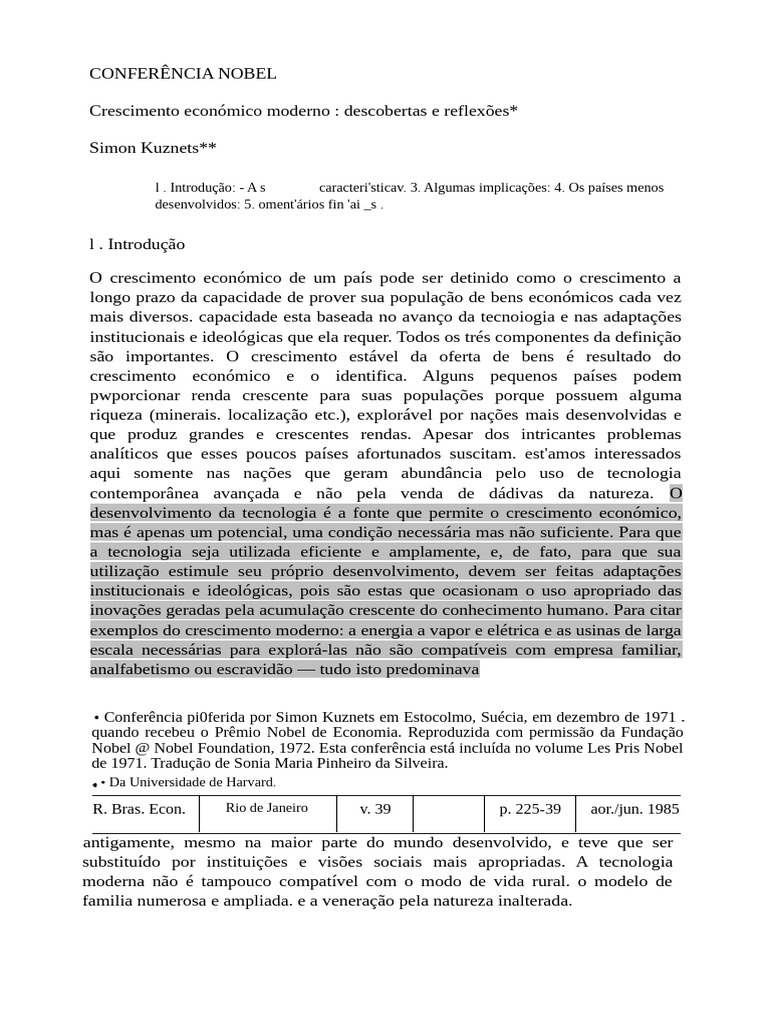 2023, Texto 2, Simon Kuznets, Crescimento Económico Moderno, Conferência Nobel | PDF | Economia ...