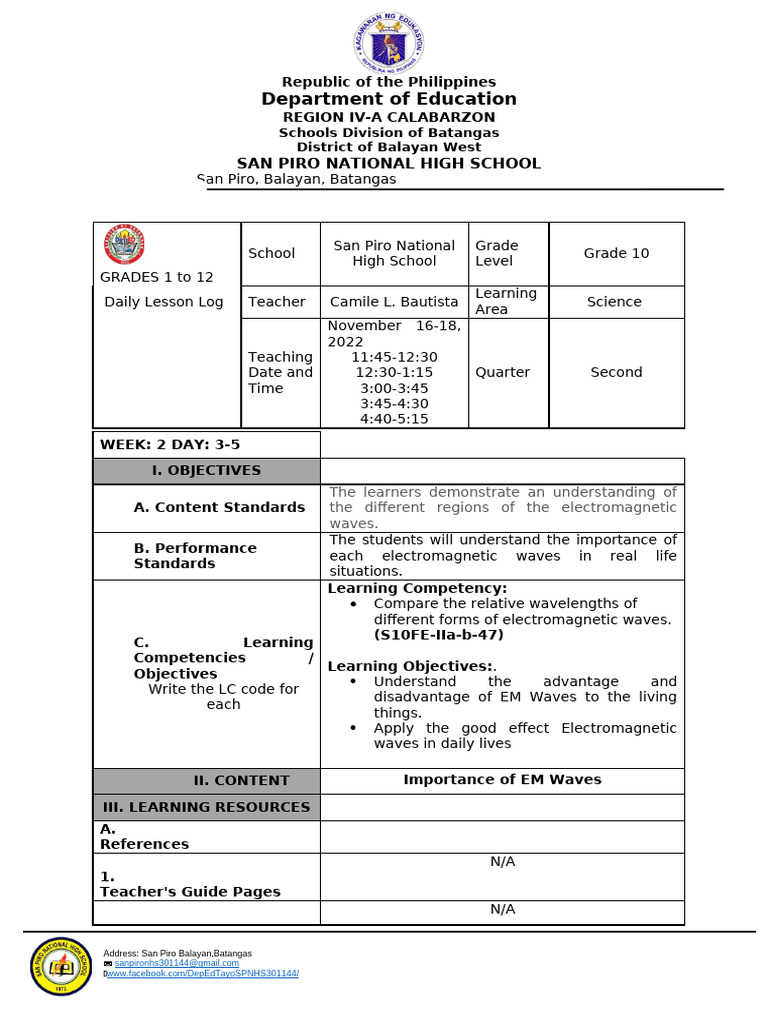 DLL 10 For New Normal Week 2 Day 3-5 - Second Grading | PDF | Electromagnetic Radiation | Radiation